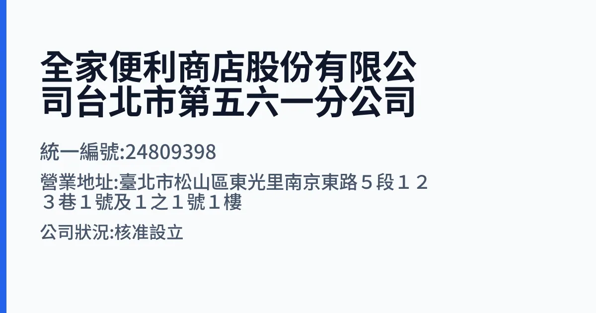 全家便利商店股份有限公司台北市第五六一分公司 - 統編 24809398(臺北市) 公司登記資料與營業項目詳細圖表
