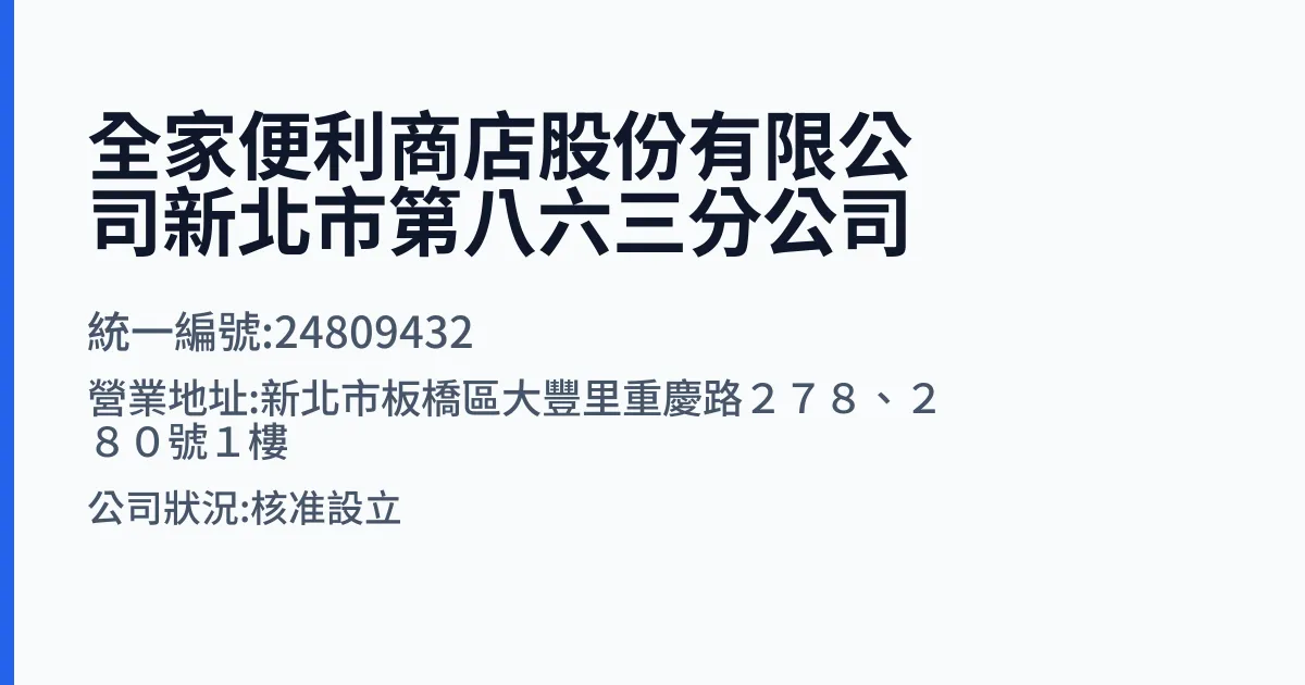 全家便利商店股份有限公司新北市第八六三分公司 - 統編 24809432(新北市) 公司登記資料與營業項目詳細圖表