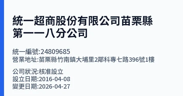 統一超商股份有限公司苗栗縣第一一八分公司的照片-統編 24809685(苗栗縣) 公司登記資料與營業項目詳細圖表
