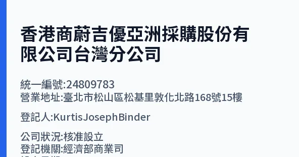 香港商蔚吉優亞洲採購股份有限公司台灣分公司的照片-統編 24809783(臺北市) 公司登記資料與營業項目詳細圖表