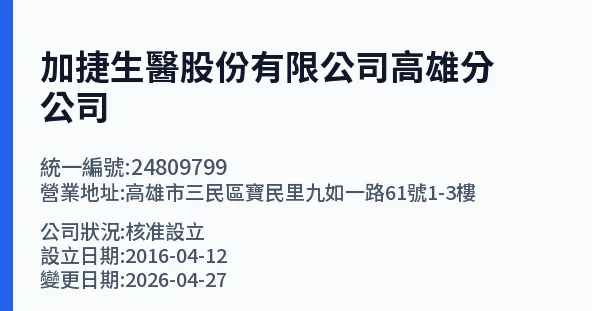 加捷生醫股份有限公司高雄分公司的照片-統編 24809799(高雄市) 公司登記資料與營業項目詳細圖表