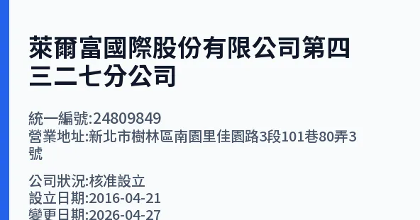 萊爾富國際股份有限公司第四三二七分公司的照片-統編 24809849(新北市) 公司登記資料與營業項目詳細圖表