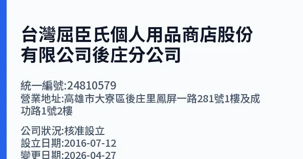 台灣屈臣氏個人用品商店股份有限公司後庄分公司的照片-統編 24810579(高雄市) 公司登記資料與營業項目詳細圖表