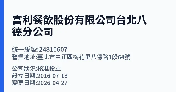 富利餐飲股份有限公司台北八德分公司的照片-統編 24810607(臺北市) 公司登記資料與營業項目詳細圖表