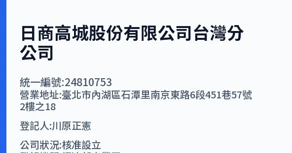 日商高城股份有限公司台灣分公司的照片-統編 24810753(臺北市) 公司登記資料與營業項目詳細圖表
