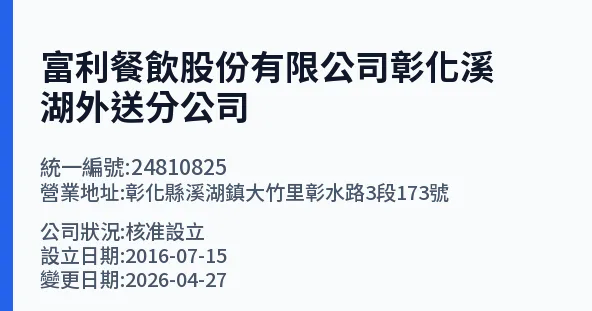 富利餐飲股份有限公司彰化溪湖外送分公司的照片-統編 24810825(彰化縣) 公司登記資料與營業項目詳細圖表