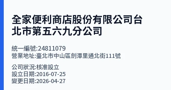 全家便利商店股份有限公司台北市第五六九分公司的照片-統編 24811079(臺北市) 公司登記資料與營業項目詳細圖表