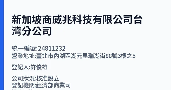 新加坡商威兆科技有限公司台灣分公司的照片-統編 24811232(臺北市) 公司登記資料與營業項目詳細圖表