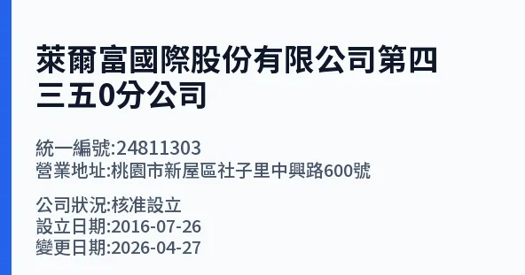 萊爾富國際股份有限公司第四三五0分公司的照片-統編 24811303(桃園市) 公司登記資料與營業項目詳細圖表