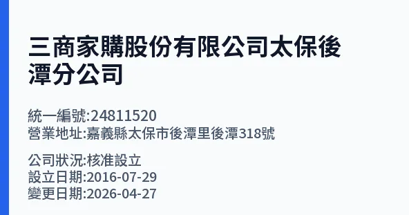三商家購股份有限公司太保後潭分公司的照片-統編 24811520(嘉義縣) 公司登記資料與營業項目詳細圖表