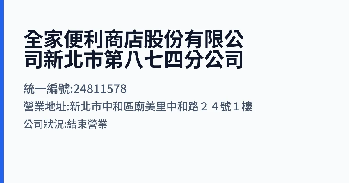 全家便利商店股份有限公司新北市第八七四分公司 - 統編 24811578(新北市) 公司登記資料與營業項目詳細圖表