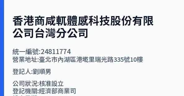 香港商咸軏體感科技股份有限公司台灣分公司的照片-統編 24811774(臺北市) 公司登記資料與營業項目詳細圖表