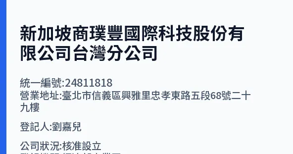 新加坡商璞豐國際科技股份有限公司台灣分公司的照片-統編 24811818(臺北市) 公司登記資料與營業項目詳細圖表