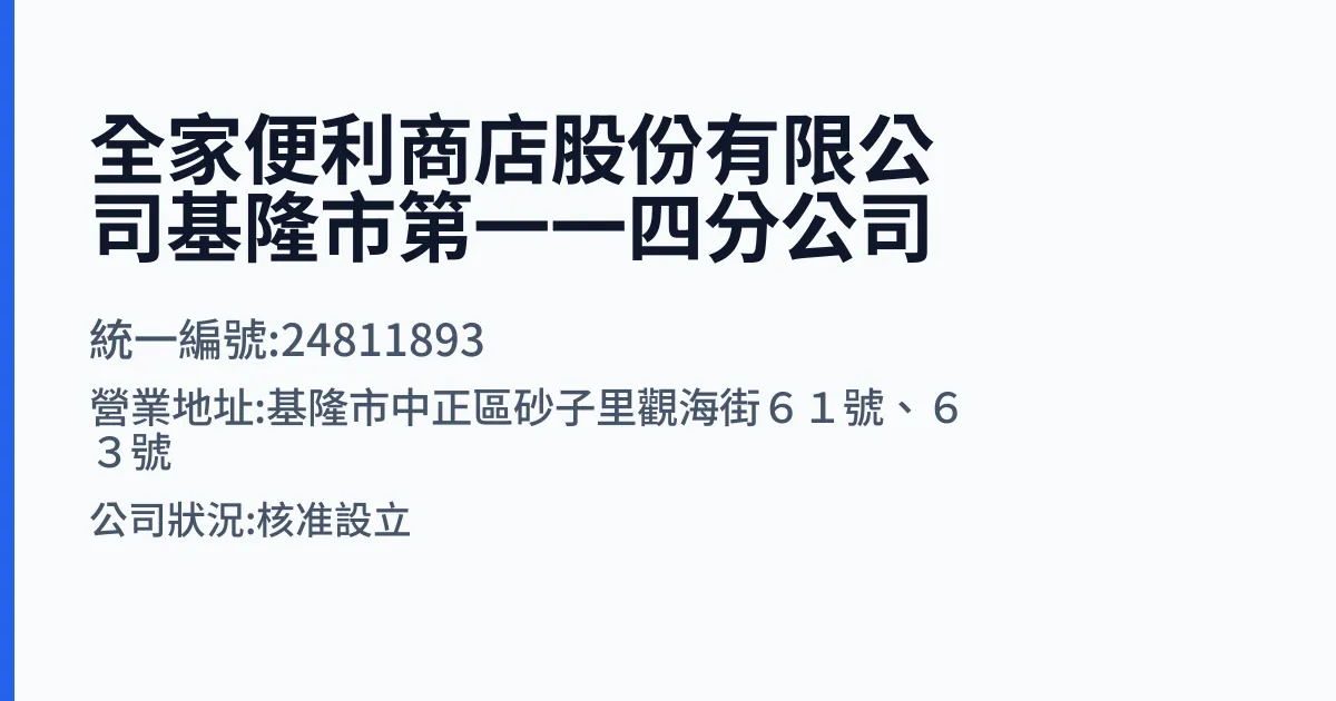 全家便利商店股份有限公司基隆市第一一四分公司 - 統編 24811893(基隆市) 公司登記資料與營業項目詳細圖表