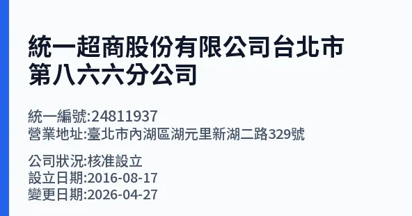 統一超商股份有限公司台北市第八六六分公司的照片-統編 24811937(臺北市) 公司登記資料與營業項目詳細圖表