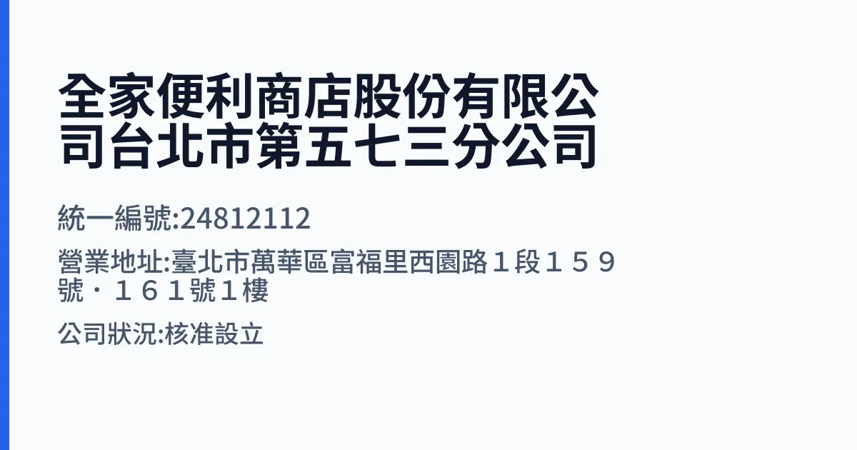全家便利商店股份有限公司台北市第五七三分公司 - 統編 24812112(臺北市) 公司登記資料與營業項目詳細圖表