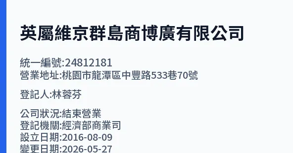 英屬維京群島商博廣有限公司的照片-統編 24812181(桃園市) 公司登記資料與營業項目詳細圖表
