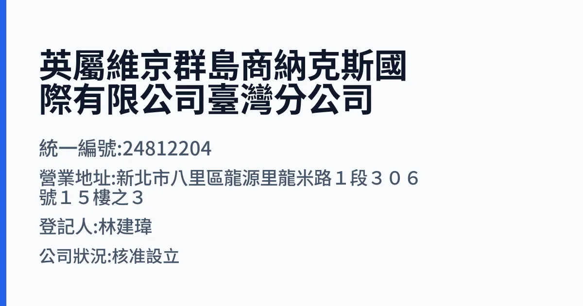 英屬維京群島商納克斯國際有限公司臺灣分公司 - 統編 24812204(新北市) 公司登記資料與營業項目詳細圖表