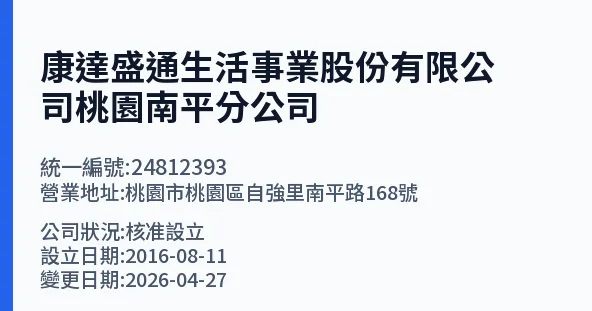 康達盛通生活事業股份有限公司桃園南平分公司的照片-統編 24812393(桃園市) 公司登記資料與營業項目詳細圖表