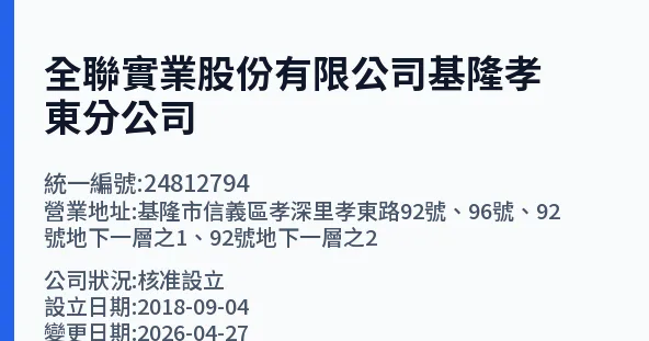 全聯實業股份有限公司基隆孝東分公司的照片-統編 24812794(基隆市) 公司登記資料與營業項目詳細圖表