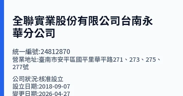 全聯實業股份有限公司台南永華分公司的照片-統編 24812870(臺南市) 公司登記資料與營業項目詳細圖表