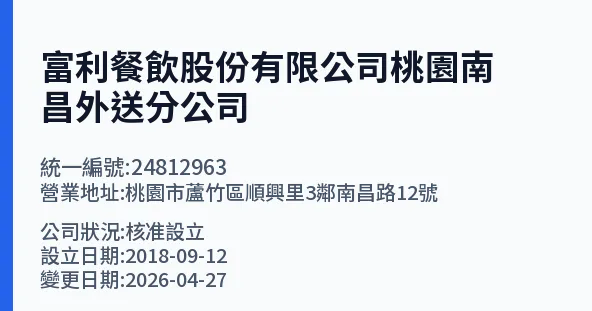 富利餐飲股份有限公司桃園南昌外送分公司的照片-統編 24812963(桃園市) 公司登記資料與營業項目詳細圖表