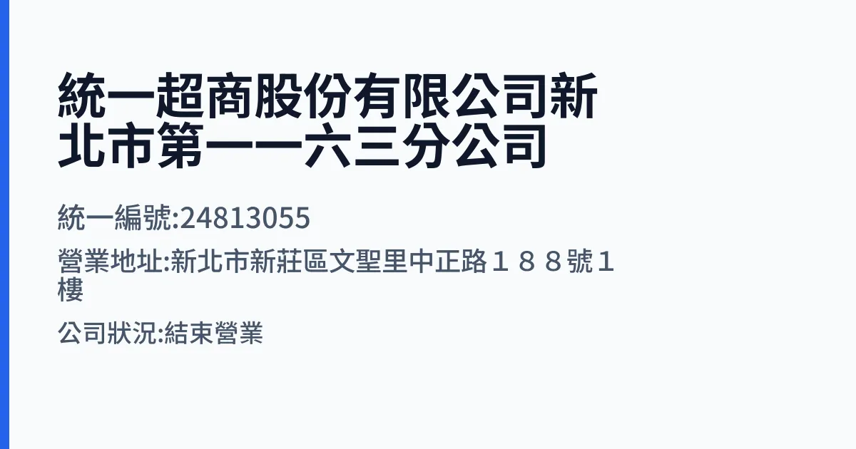 統一超商股份有限公司新北市第一一六三分公司 - 統編 24813055(新北市) 公司登記資料與營業項目詳細圖表
