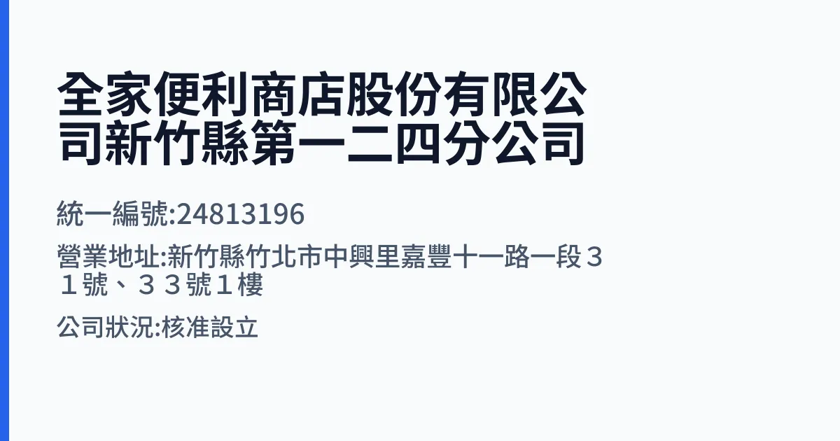 全家便利商店股份有限公司新竹縣第一二四分公司 - 統編 24813196(新竹縣) 公司登記資料與營業項目詳細圖表