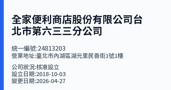 全家便利商店股份有限公司台北市第六三三分公司的照片-統編 24813203(臺北市) 公司登記資料與營業項目詳細圖表
