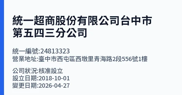 統一超商股份有限公司台中市第五四三分公司的照片-統編 24813323(臺中市) 公司登記資料與營業項目詳細圖表