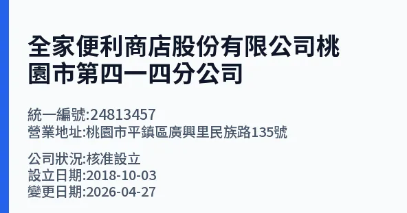 全家便利商店股份有限公司桃園市第四一四分公司的照片-統編 24813457(桃園市) 公司登記資料與營業項目詳細圖表