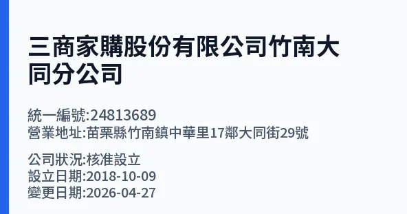 三商家購股份有限公司竹南大同分公司的照片-統編 24813689(苗栗縣) 公司登記資料與營業項目詳細圖表