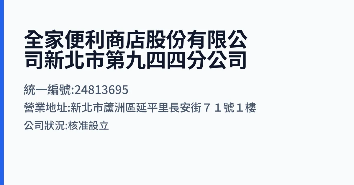 全家便利商店股份有限公司新北市第九四四分公司 - 統編 24813695(新北市) 公司登記資料與營業項目詳細圖表