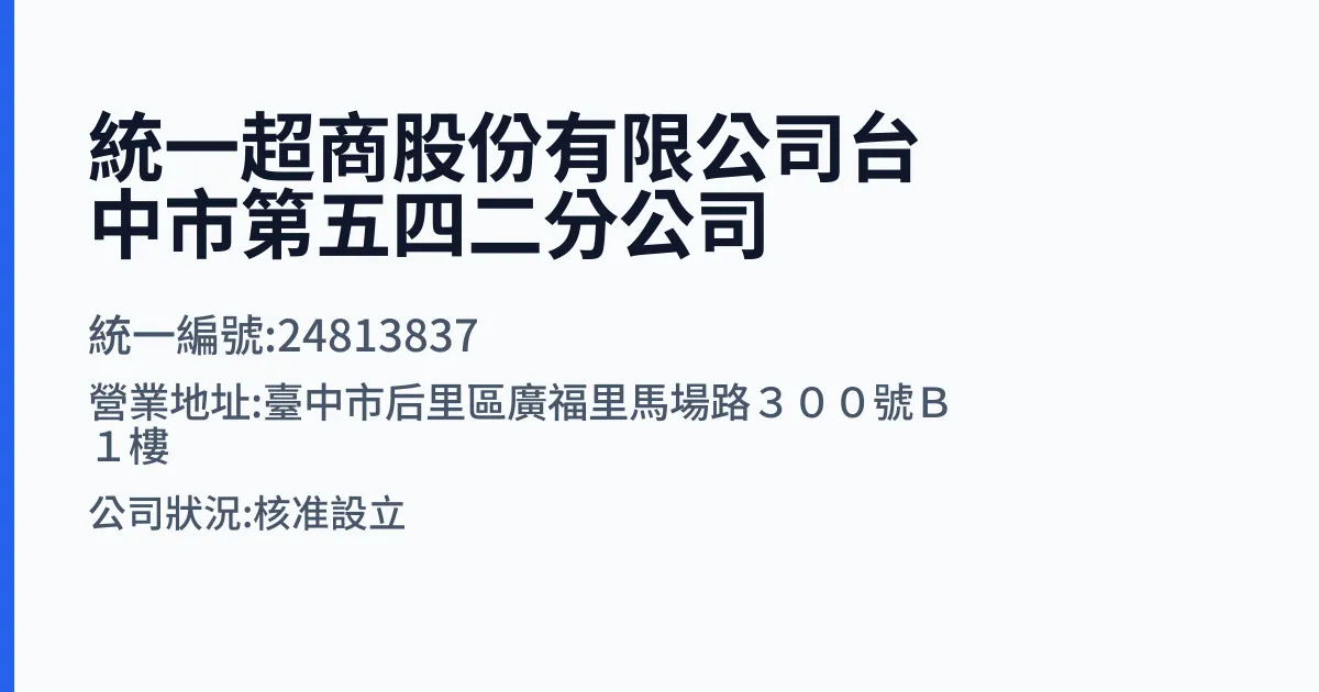 統一超商股份有限公司台中市第五四二分公司 - 統編 24813837(臺中市) 公司登記資料與營業項目詳細圖表