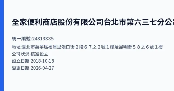 全家便利商店股份有限公司台北市第六三七分公司的照片-統編 24813885(臺北市) 公司登記資料與營業項目詳細圖表
