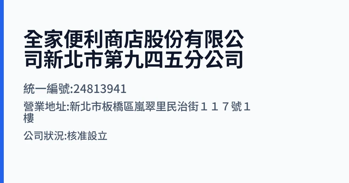 全家便利商店股份有限公司新北市第九四五分公司 - 統編 24813941(新北市) 公司登記資料與營業項目詳細圖表