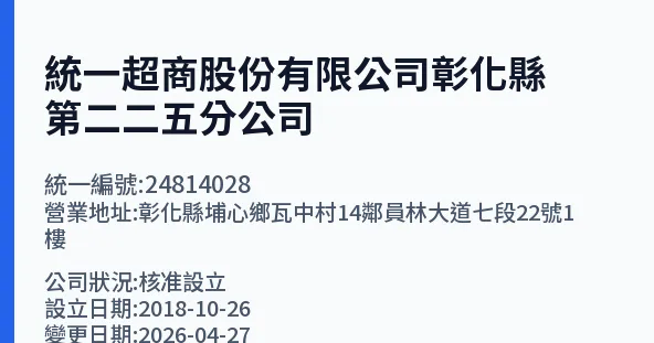 統一超商股份有限公司彰化縣第二二五分公司的照片-統編 24814028(彰化縣) 公司登記資料與營業項目詳細圖表