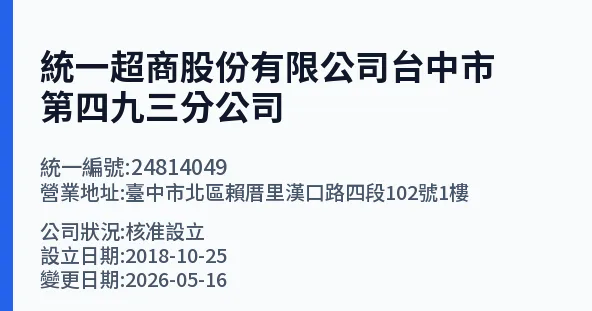 統一超商股份有限公司台中市第四九三分公司的照片-統編 24814049(臺中市) 公司登記資料與營業項目詳細圖表
