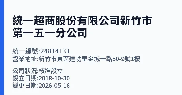 統一超商股份有限公司新竹市第一五一分公司的照片-統編 24814131(新竹市) 公司登記資料與營業項目詳細圖表