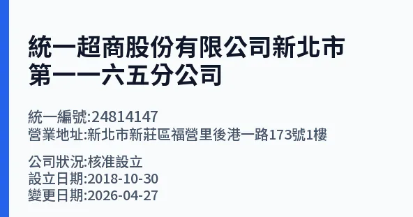 統一超商股份有限公司新北市第一一六五分公司的照片-統編 24814147(新北市) 公司登記資料與營業項目詳細圖表