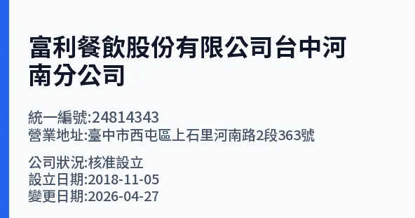 富利餐飲股份有限公司台中河南分公司的照片-統編 24814343(臺中市) 公司登記資料與營業項目詳細圖表