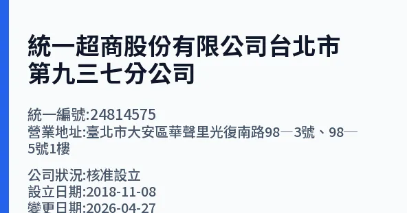 統一超商股份有限公司台北市第九三七分公司的照片-統編 24814575(臺北市) 公司登記資料與營業項目詳細圖表