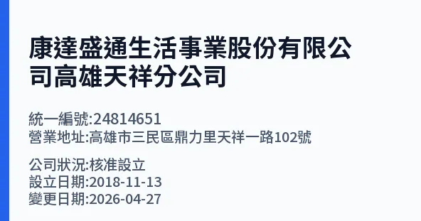 康達盛通生活事業股份有限公司高雄天祥分公司的照片-統編 24814651(高雄市) 公司登記資料與營業項目詳細圖表