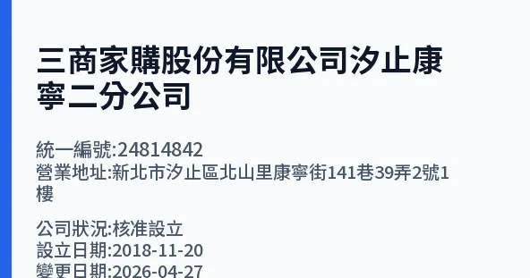 三商家購股份有限公司汐止康寧二分公司的照片-統編 24814842(新北市) 公司登記資料與營業項目詳細圖表