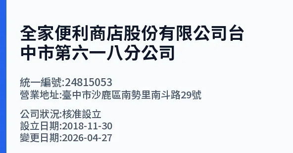 全家便利商店股份有限公司台中市第六一八分公司的照片-統編 24815053(臺中市) 公司登記資料與營業項目詳細圖表