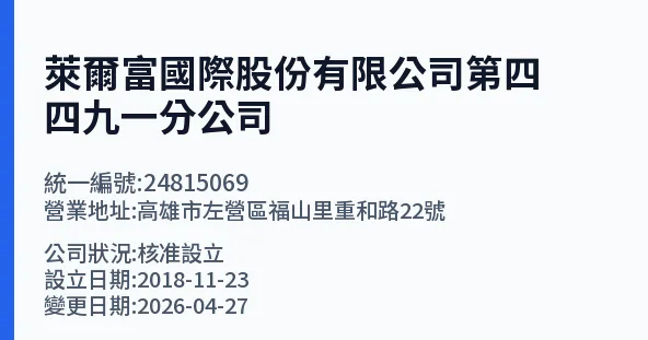 萊爾富國際股份有限公司第四四九一分公司的照片-統編 24815069(高雄市) 公司登記資料與營業項目詳細圖表