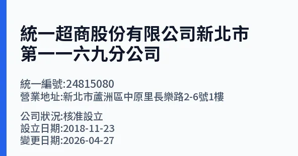統一超商股份有限公司新北市第一一六九分公司的照片-統編 24815080(新北市) 公司登記資料與營業項目詳細圖表