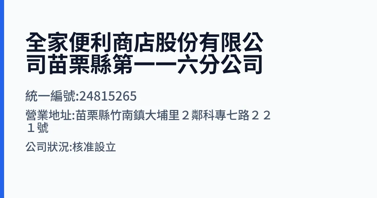 全家便利商店股份有限公司苗栗縣第一一六分公司 - 統編 24815265(苗栗縣) 公司登記資料與營業項目詳細圖表