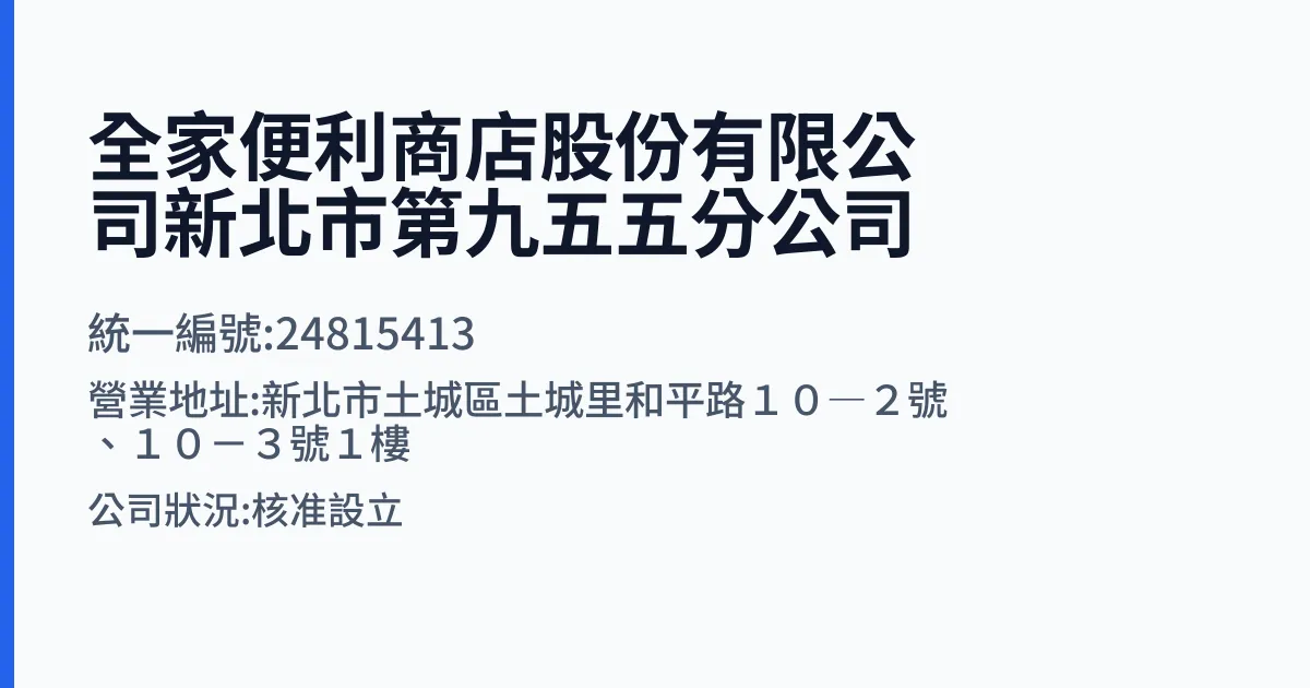 全家便利商店股份有限公司新北市第九五五分公司 - 統編 24815413(新北市) 公司登記資料與營業項目詳細圖表