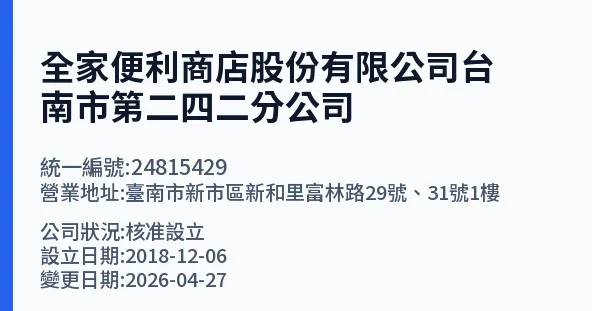 全家便利商店股份有限公司台南市第二四二分公司的照片-統編 24815429(臺南市) 公司登記資料與營業項目詳細圖表